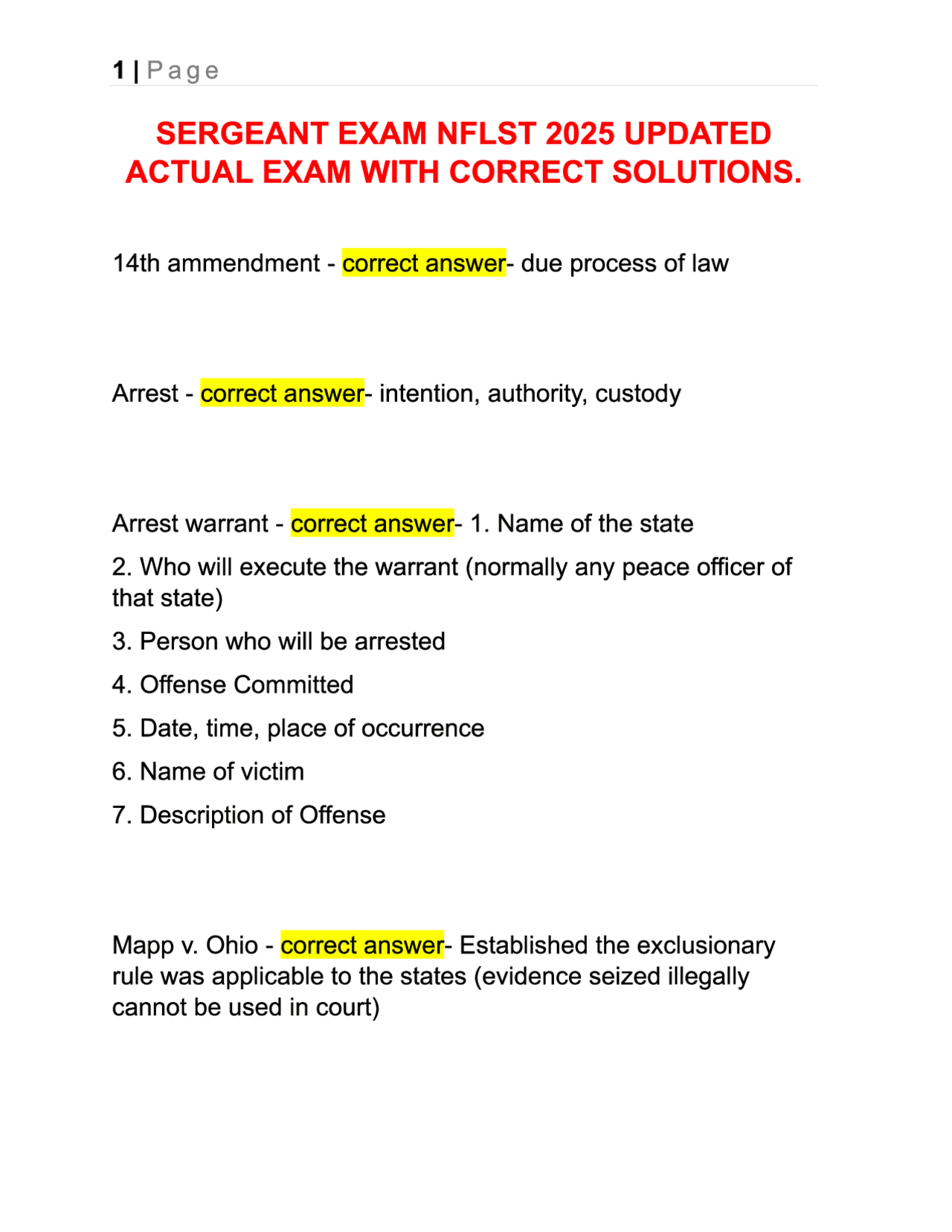 Sergeant Exam NFLST Exam Questions And Answers 2025 | Exams Law | Docsity