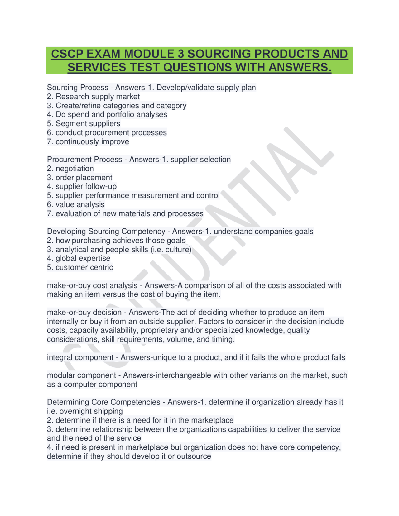 CSCP EXAM MODULE 3 SOURCING PRODUCTS AND SERVICES TEST QUESTIONS WITH ...