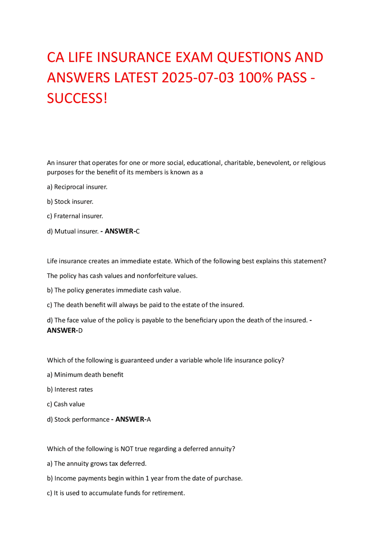 CA LIFE INSURANCE EXAM QUESTIONS AND ANSWERS LATEST 2025-07-03 100% ...