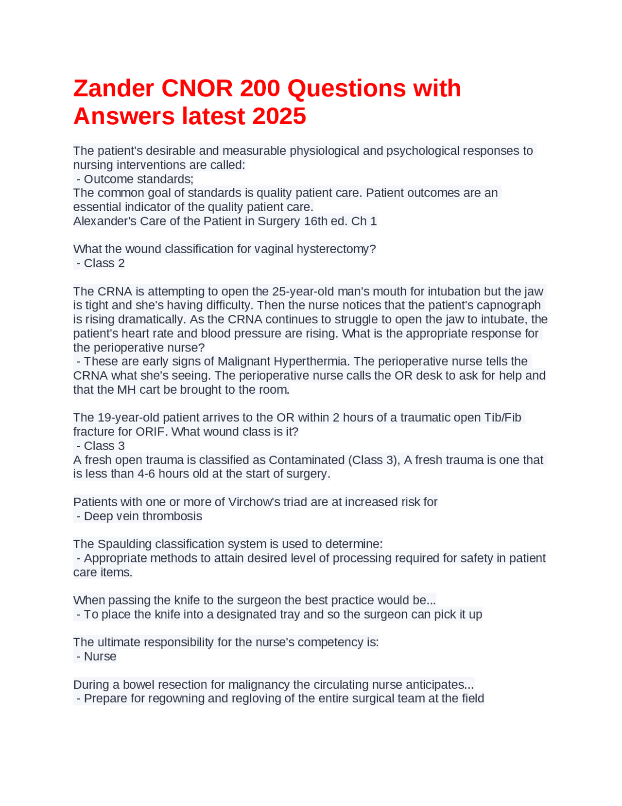 Zander CNOR 200 Questions with Answers latest 2025 | Exams Nursing ...