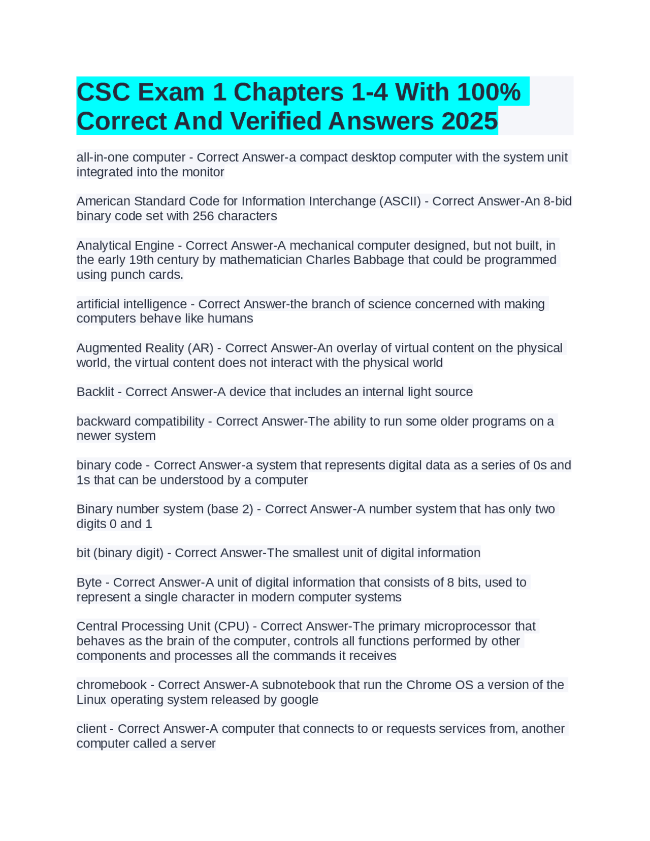 CSC Exam 1 Chapters 1-4 With 100% Correct And Verified Answers 2025 ...
