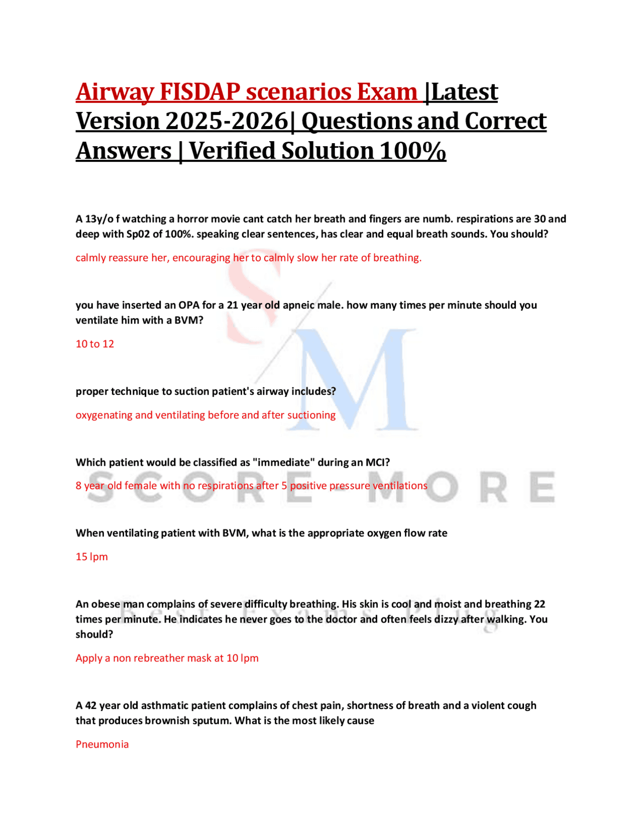 Airway FISDAP Scenarios Exam 2025–2026 | Verified Questions and Correct Answers | EMT | Exams ...