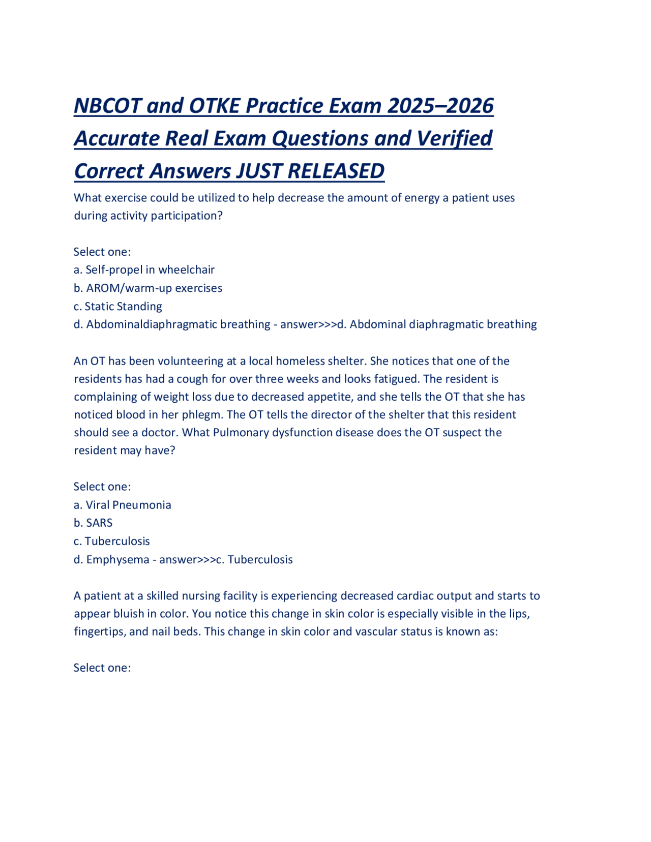 NBCOT and OTKE Practice Exam Questions 2025-2026 | Exams Nursing | Docsity