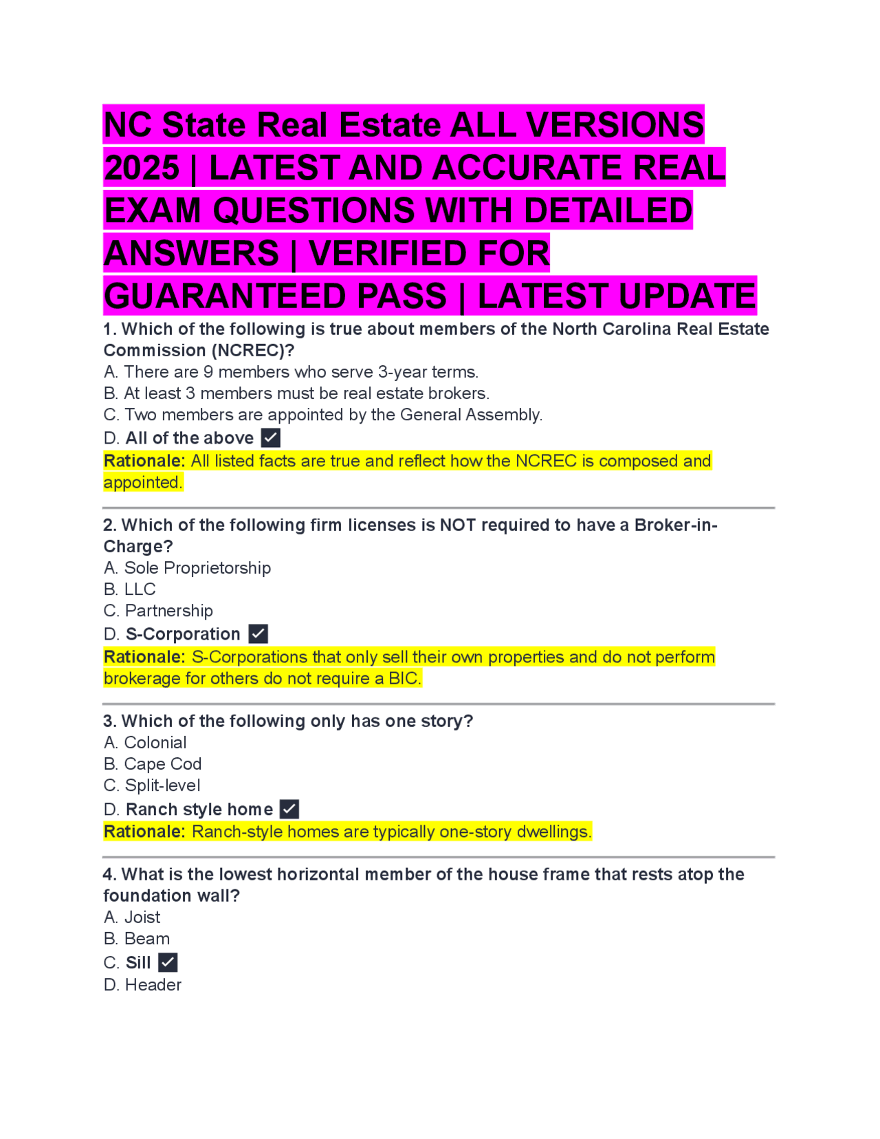 NC State Real Estate ALL VERSIONS 2025 | LATEST AND ACCURATE REAL EXAM ...