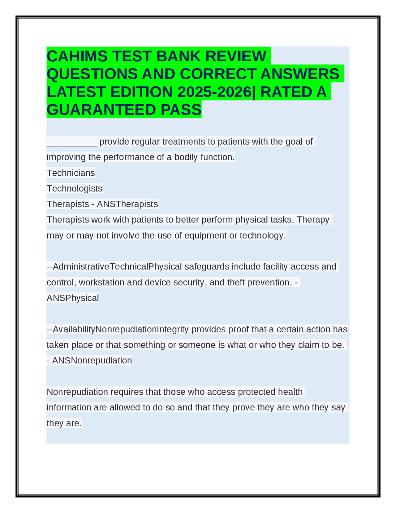 CAHIMS TEST BANK REVIEW QUESTIONS & ANSWERS LATEST 2025-2026 | Exams ...