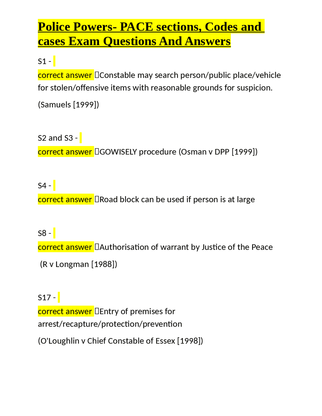 Police Powers- PACE sections, Codes and cases Exam Questions And Answers | Exams Sociology | Docsity
