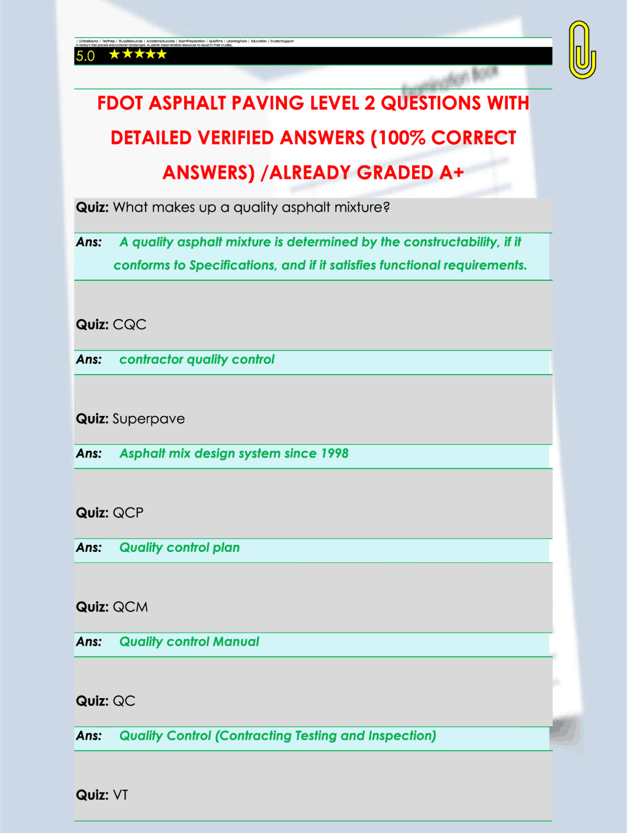 FDOT ASPHALT PAVING LEVEL 2 EXAM ACTUAL EXAM QUESTIONS WITH DETAILED ...