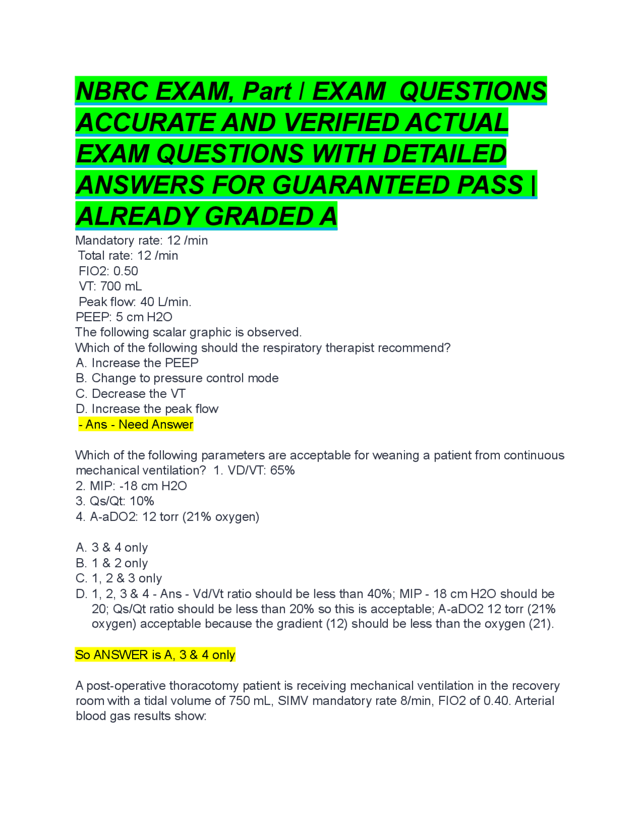 NBRC EXAM, Part I EXAM QUESTIONS ACCURATE AND VERIFIED ACTUAL EXAM ...