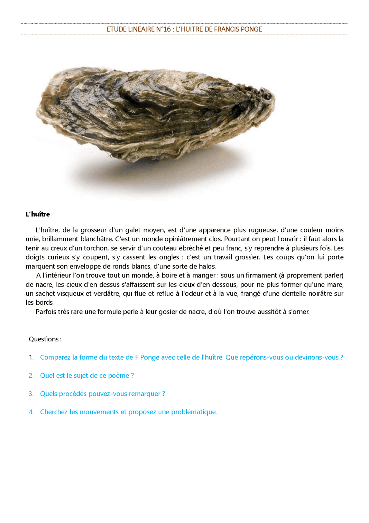 Analyse linéaire Francis Ponge l'huître | Notes Français | Docsity