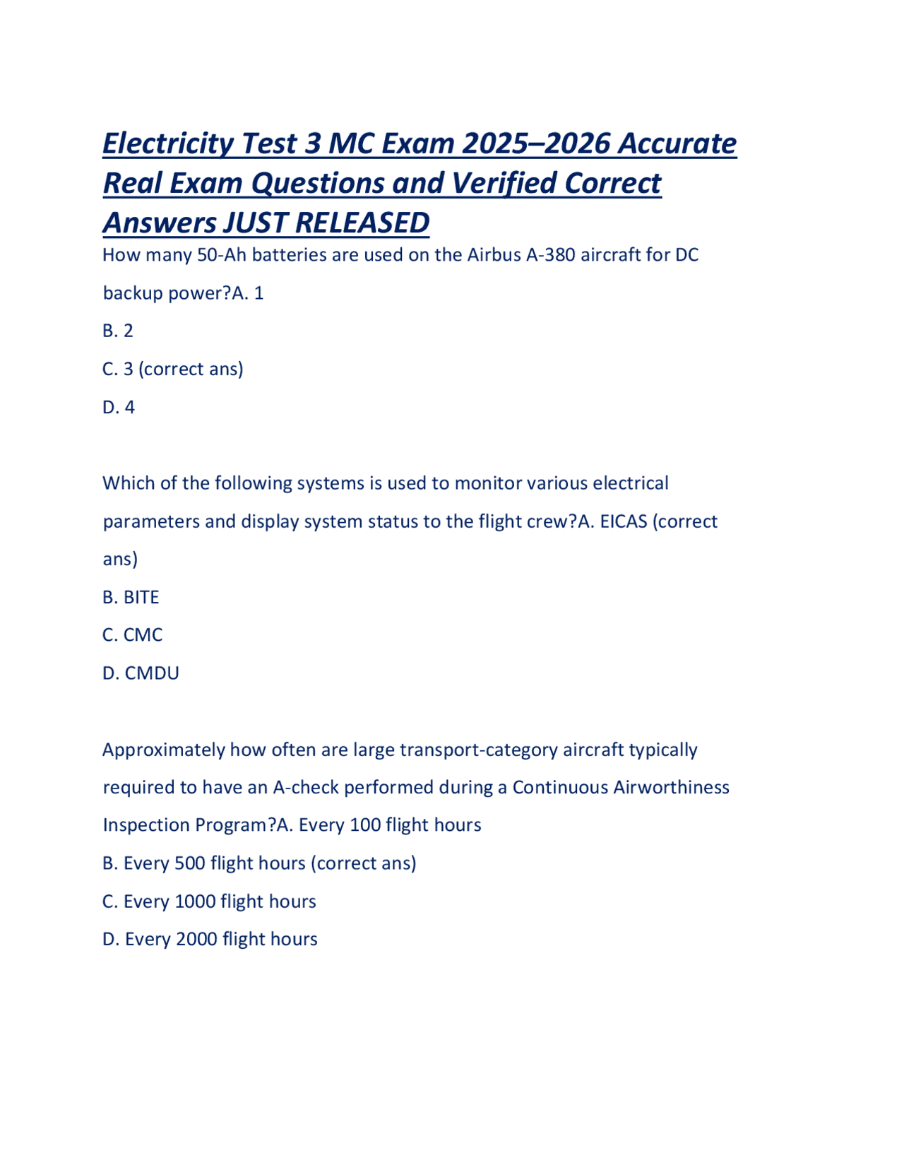 Aircraft Electrical Systems Exam Questions | Exams Electrical and Electronics Engineering | Docsity