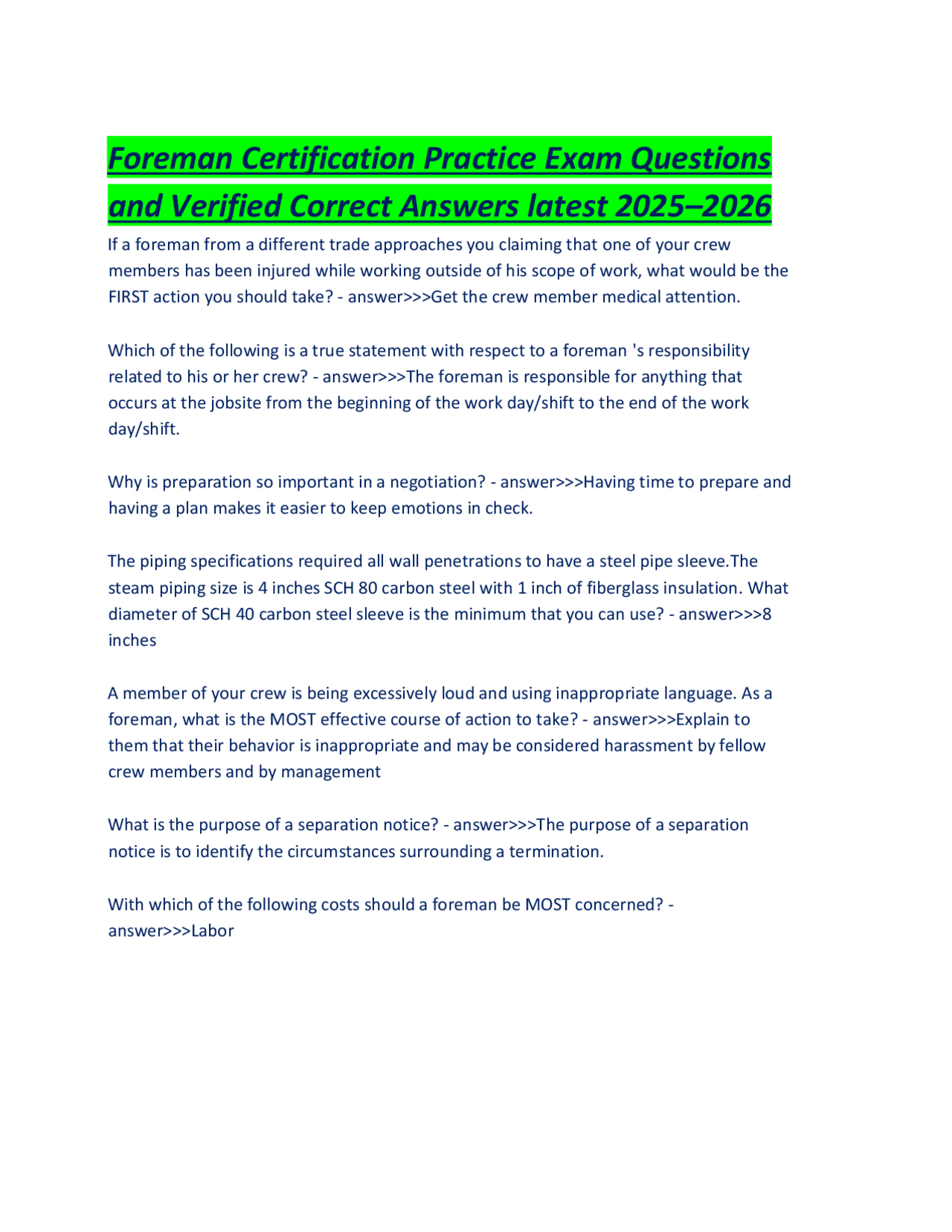 Foreman Certification Practice Exam Questions and Verified Correct ...
