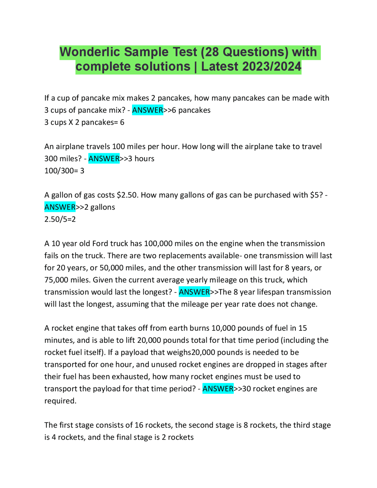 Wonderlic Sample Test.pdf | Exams Nursing | Docsity