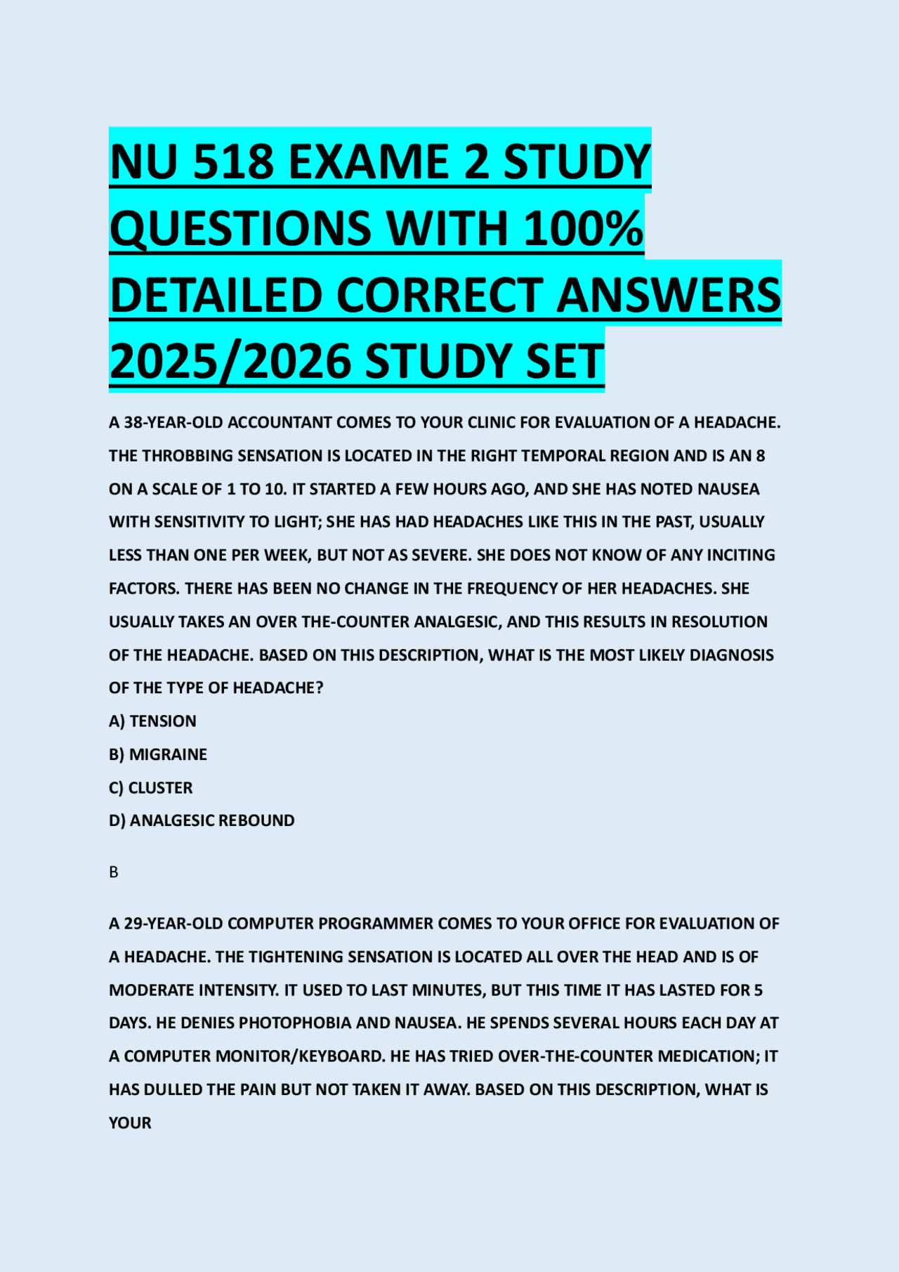 NU 518 EXAME 2 STUDY QUESTIONS WITH 100% DETAILED CORRECT ANSWERS 2025/ ...