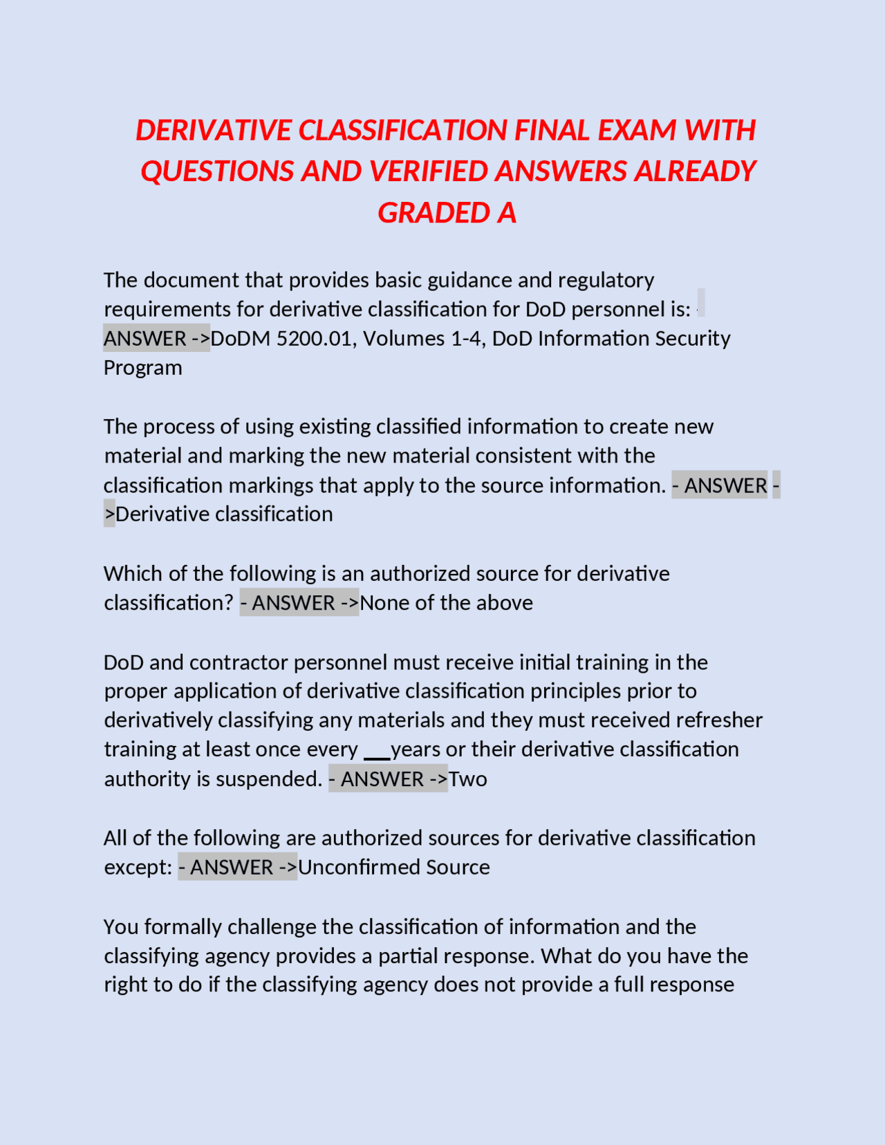 DERIVATIVE CLASSIFICATION FINAL EXAM WITH QUESTIONS AND VERIFIED ...