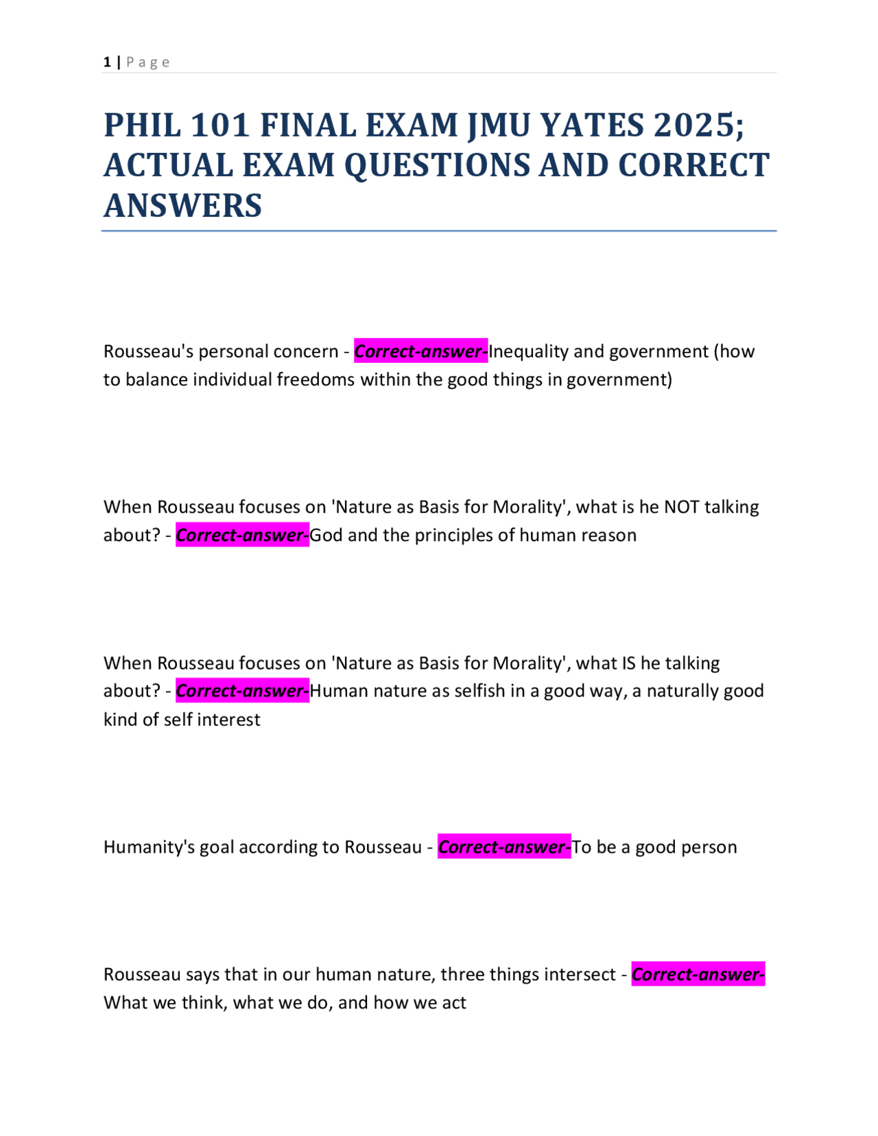 PHIL 101 FINAL EXAM JMU YATES 2025; ACTUAL EXAM QUESTIONS AND CORRECT ...