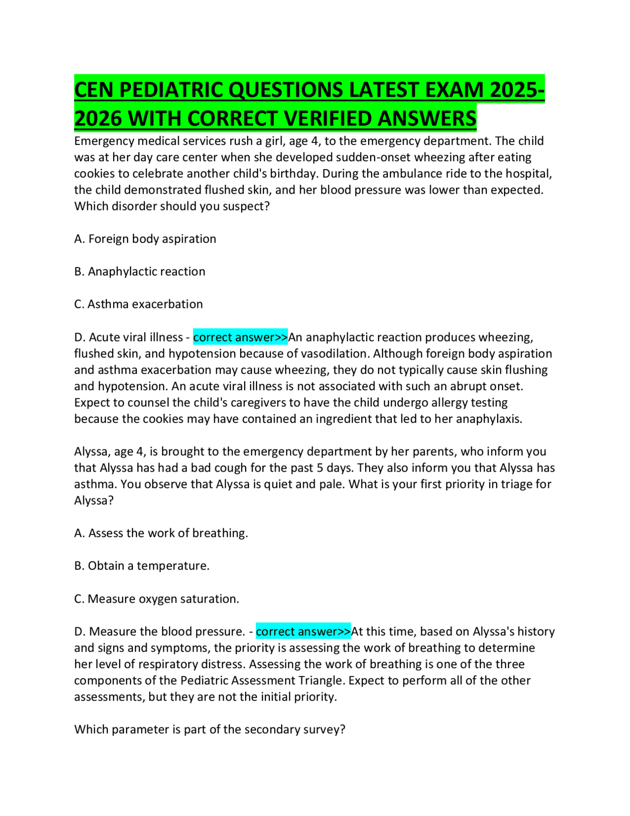 CEN PEDIATRIC QUESTIONS LATEST EXAM 2025 2026 WITH CORRECT VERIFIED ...