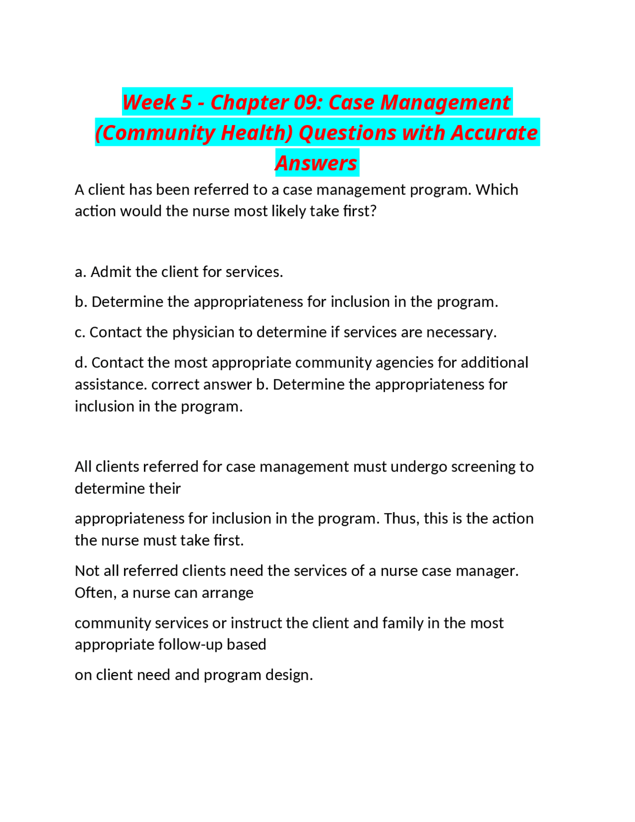 Week 5 - Chapter 09: Case Management (Community Health) Questions with ...