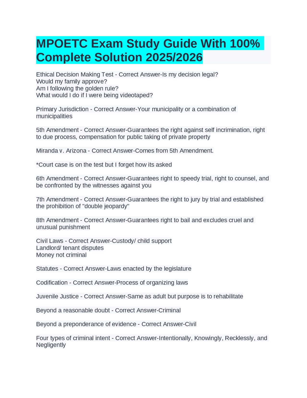 MPOETC Exam Study Guide With 100% Complete Solution 2025/2026 | Exams ...