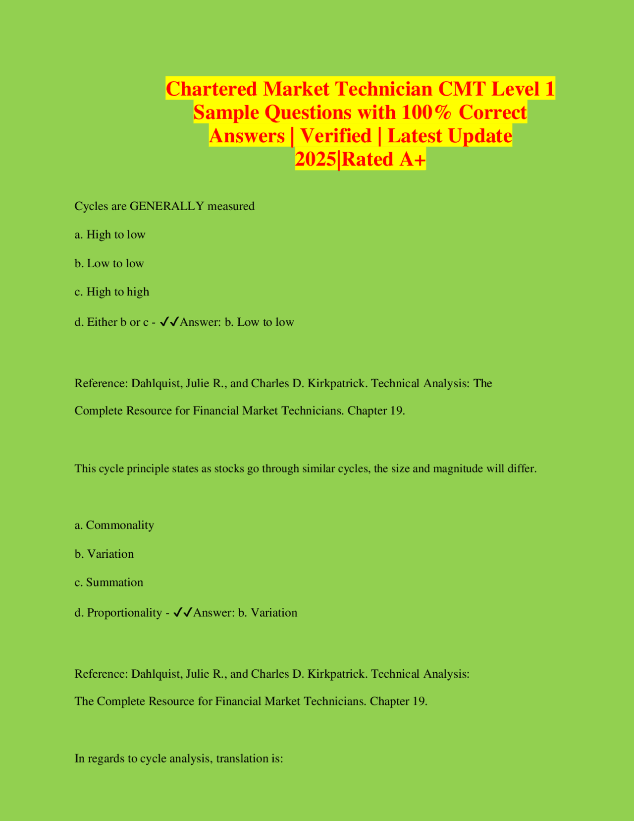 Chartered Market Technician CMT Level 1 Sample Questions with 100% ...