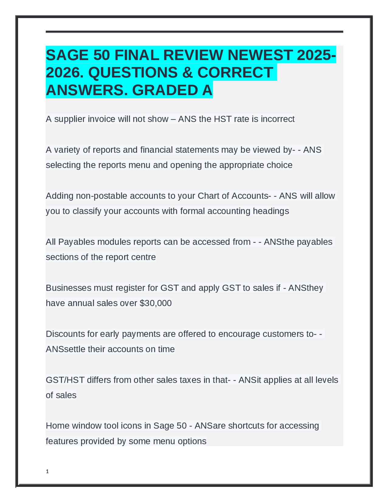 SAGE 50 FINAL REVIEW NEWEST 2025-2026. QUESTIONS & CORRECT ANSWERS ...