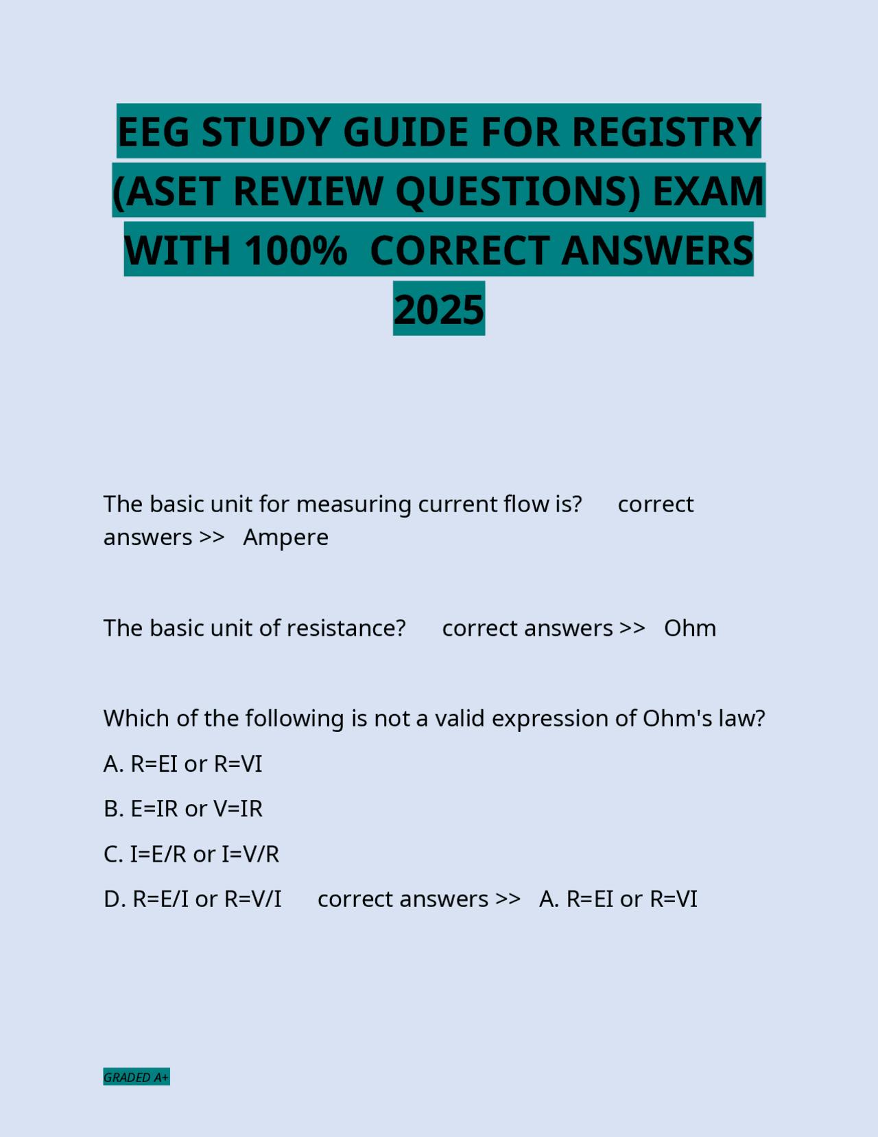 EEG STUDY GUIDE FOR REGISTRY (ASET REVIEW QUESTIONS) EXAM WITH 100% ...