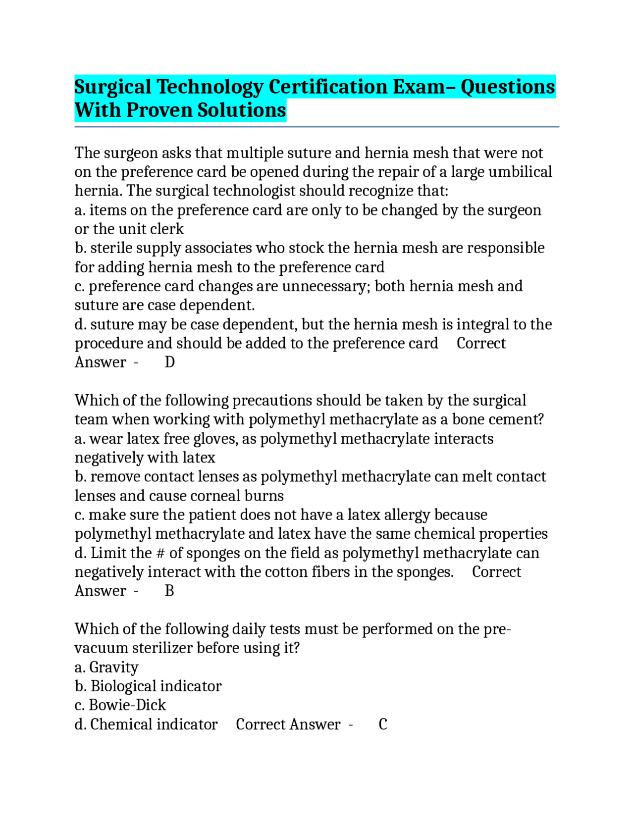 Surgical Technology Certification Exam– Questions With Proven Solutions ...