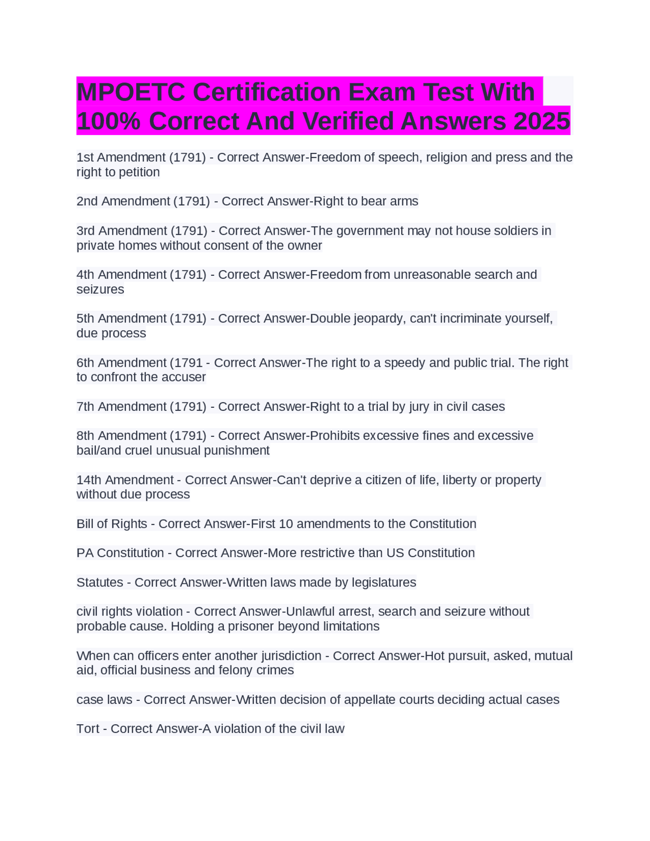MPOETC Certification Exam Test With 100% Correct And Verified Answers ...