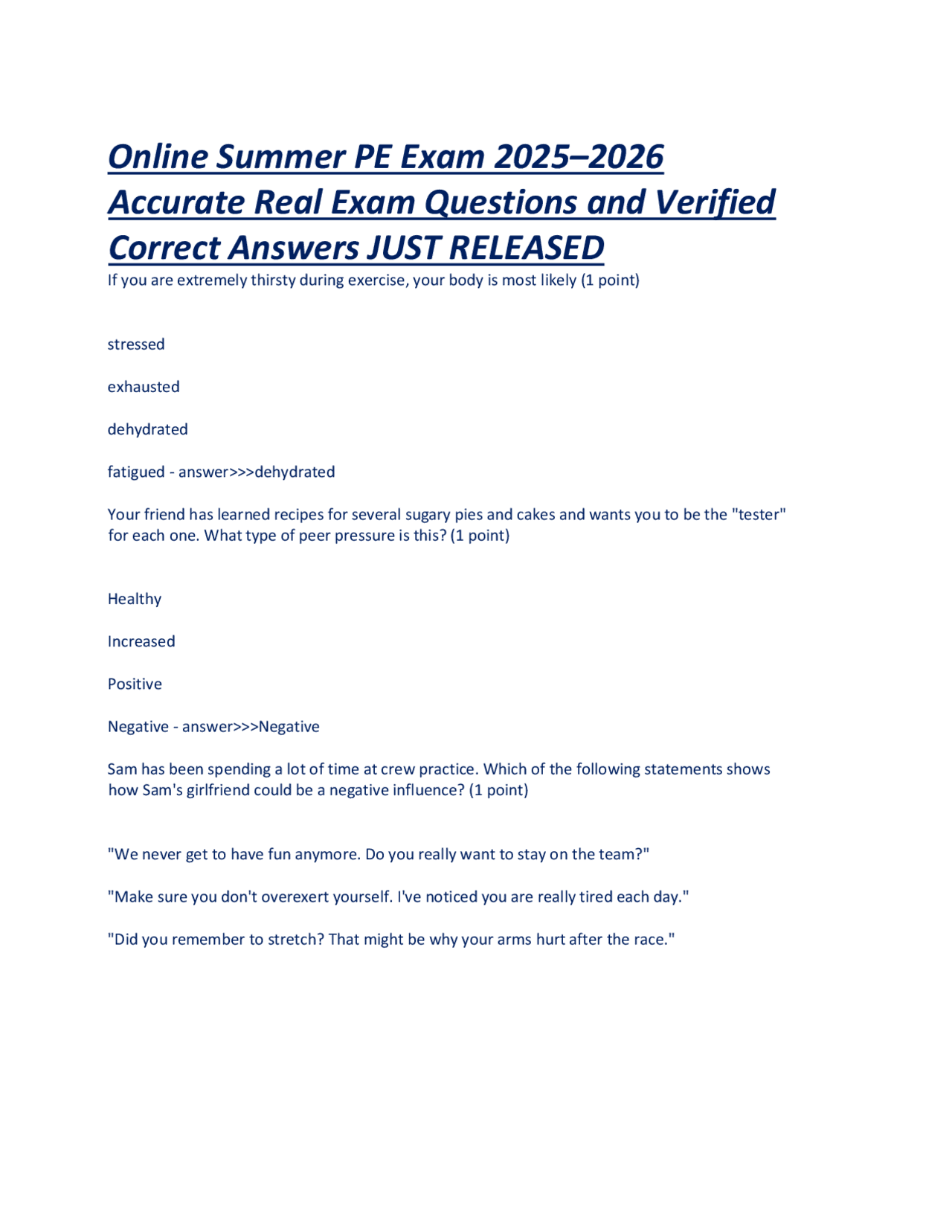 Online Summer PE (Physical Education) Exam 2025–2026 Accurate Real Exam ...