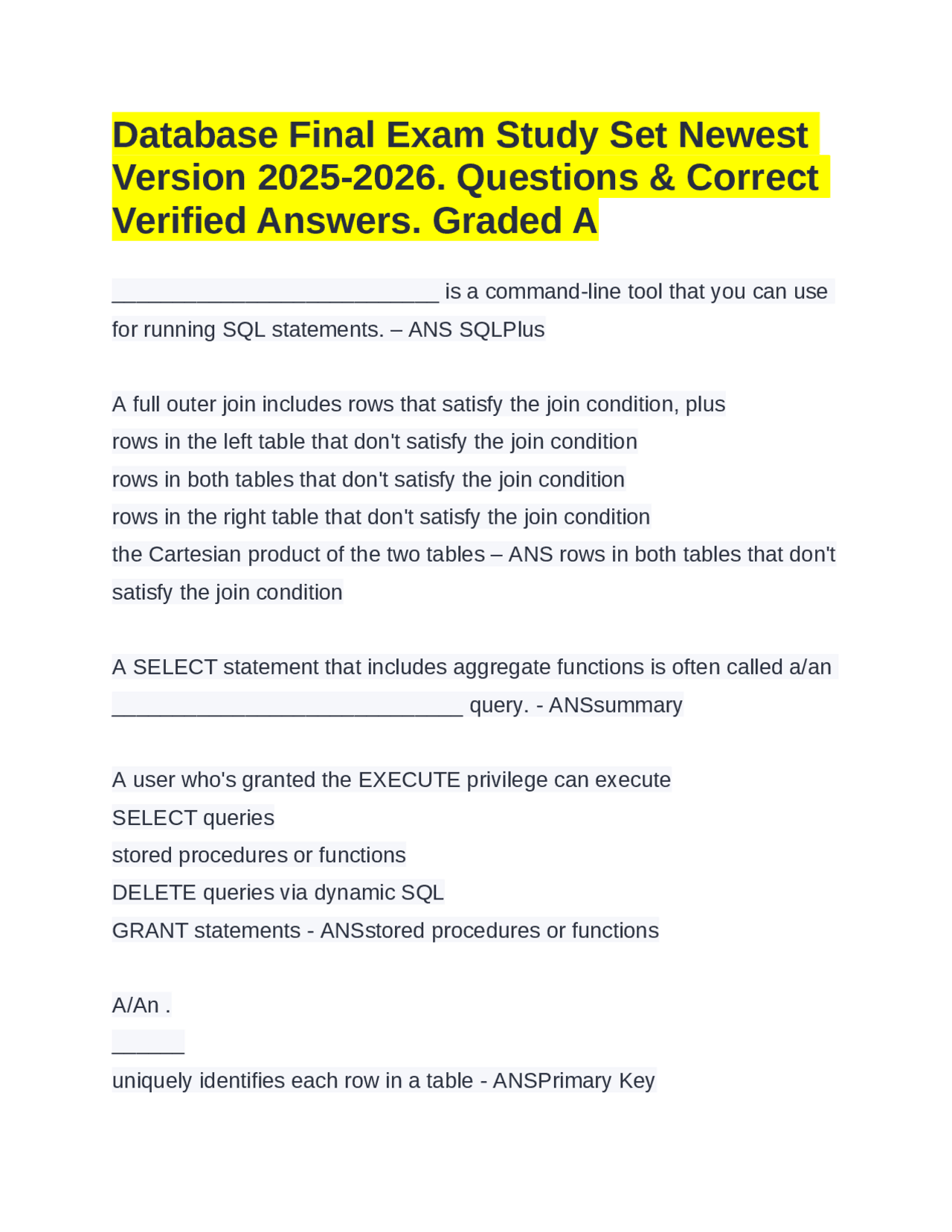 Database Final Exam Study Set Newest Version 2025-2026. Questions & Correct Answer.Grade A ...