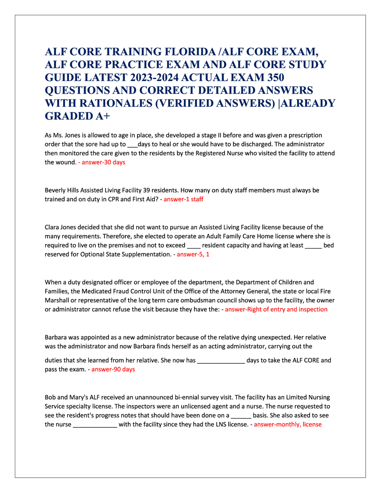 ALF Core Training Florida Practice Test Questions with Answers | Exams ...