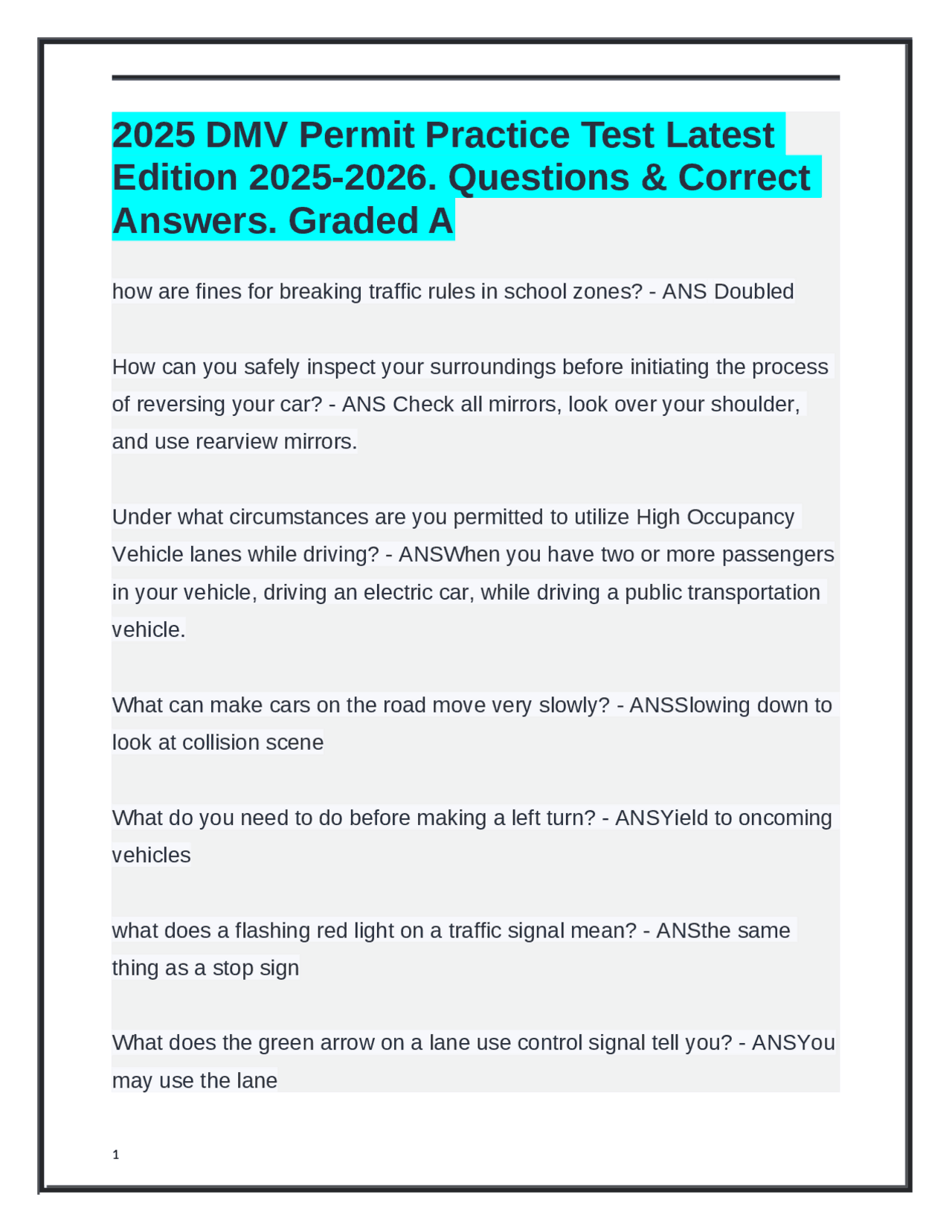 2025 DMV Permit Practice Test Latest Edition 2025-2026.Questions ...
