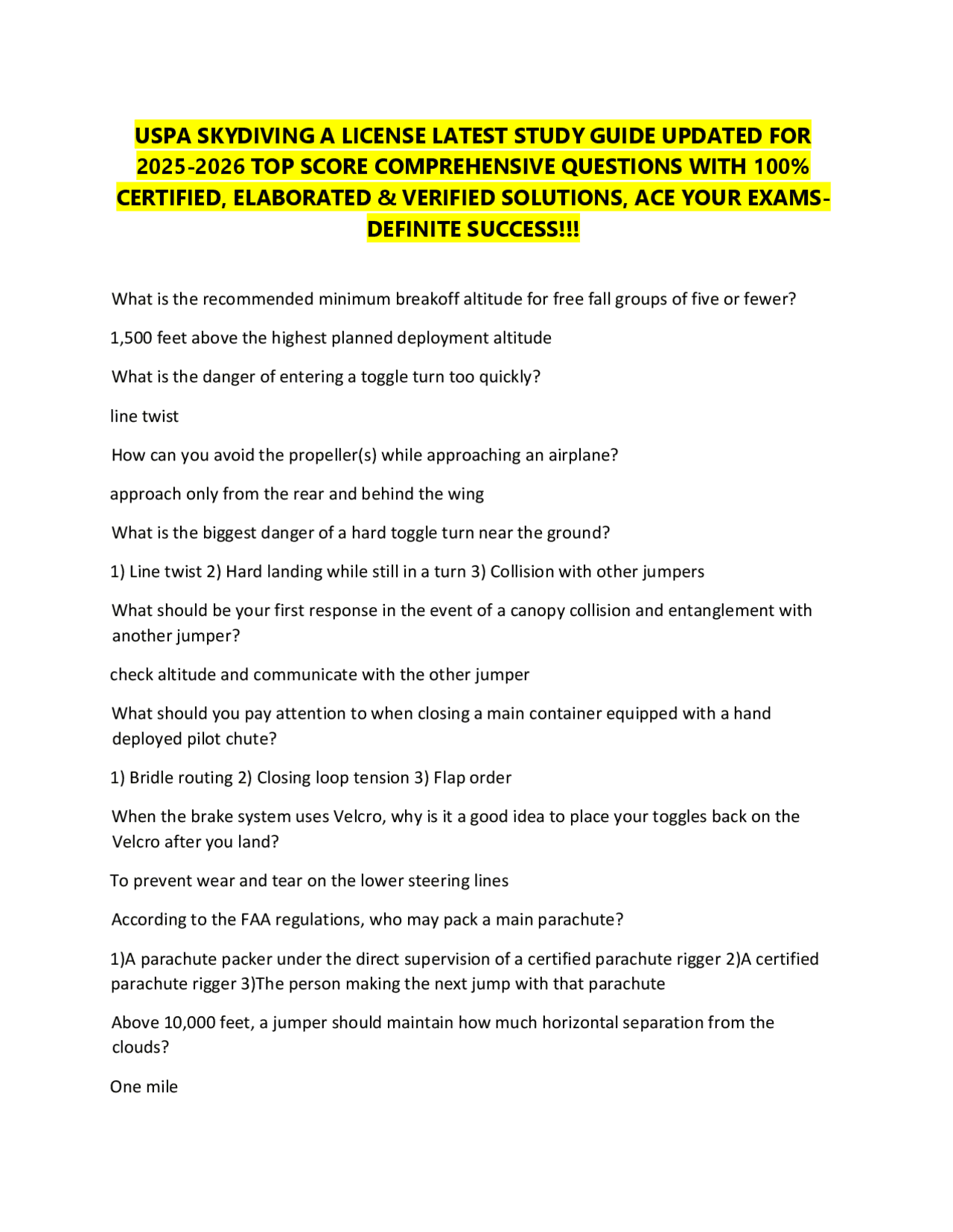 USPA SKYDIVING A LICENSE LATEST STUDY GUIDE UPDATED FOR 2025-2026 TOP ...