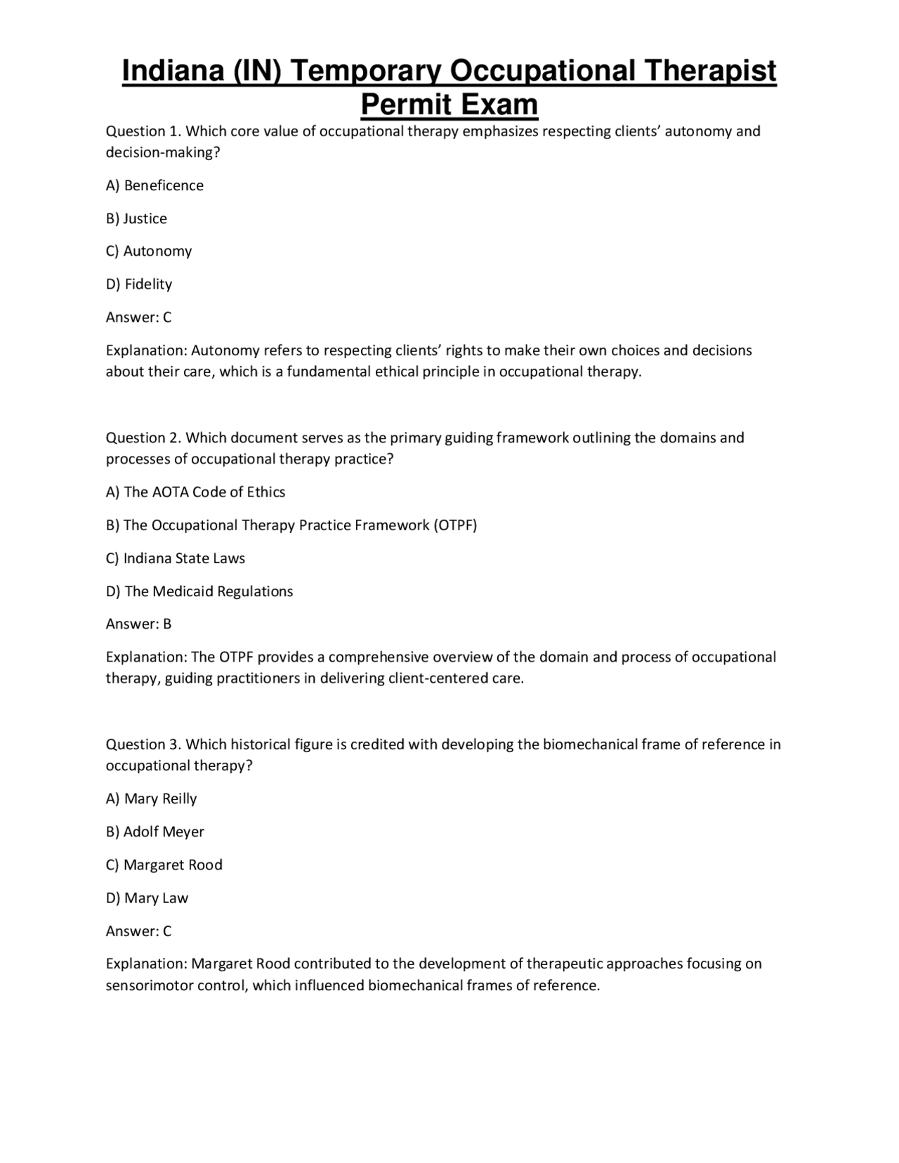 Indiana (IN) Temporary Occupational Therapist Permit Exam | Exams ...