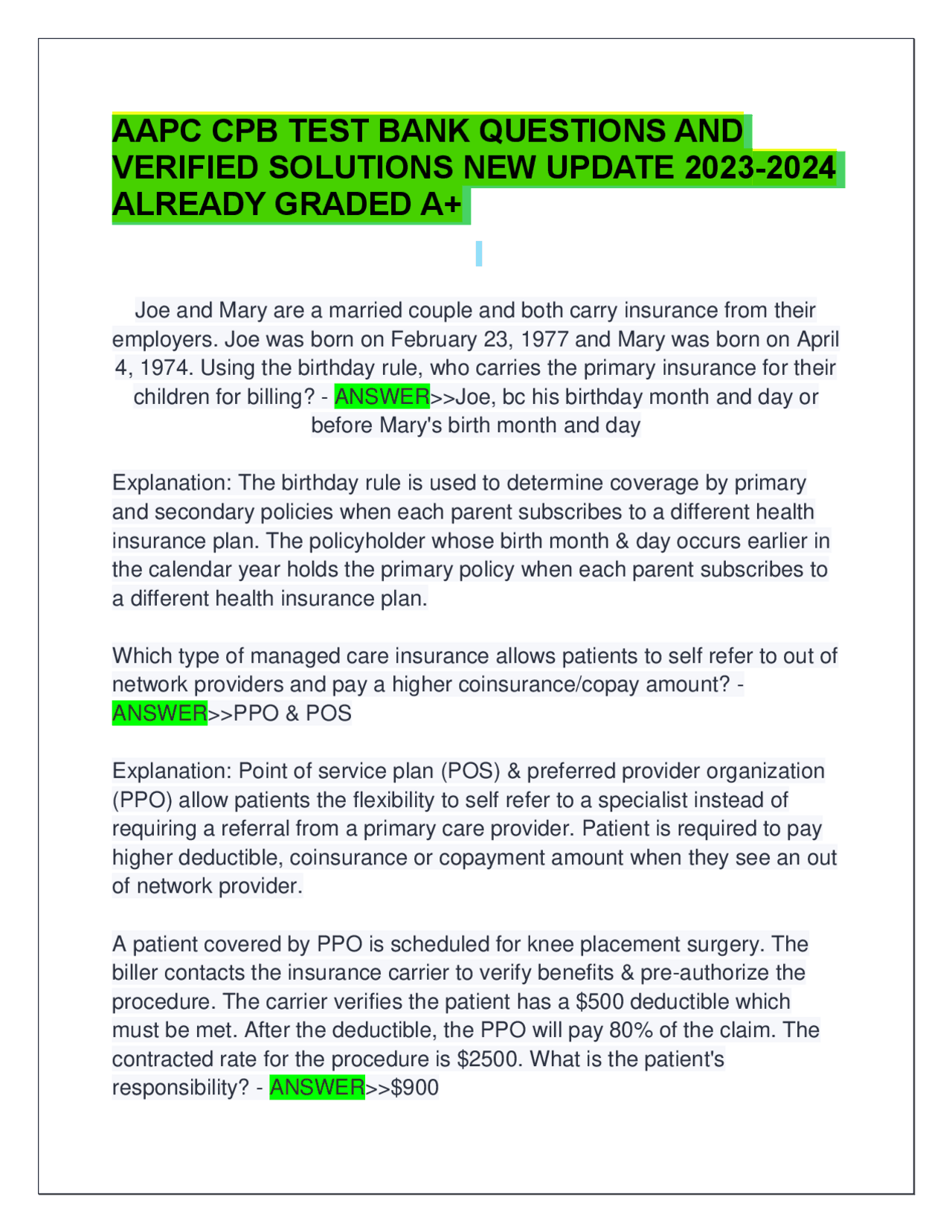 AAPC CPB TEST BANK QUESTIONS AND VERIFIED SOLUTIONS NEW UPDATE 2023 ...
