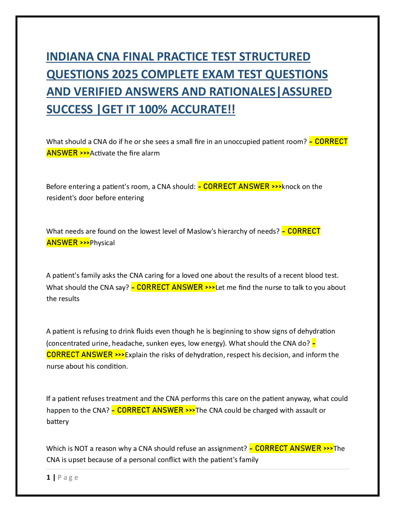 INDIANA CNA FINAL PRACTICE TEST STRUCTURED QUESTIONS 2025 COMPLETE EXAM ...