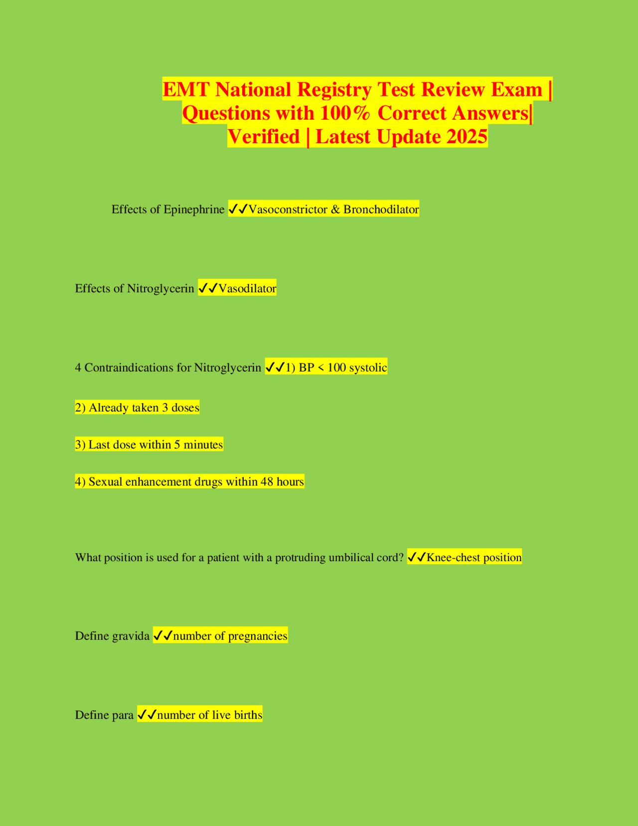 EMT National Registry Test Review Exam | Questions with 100% Correct ...