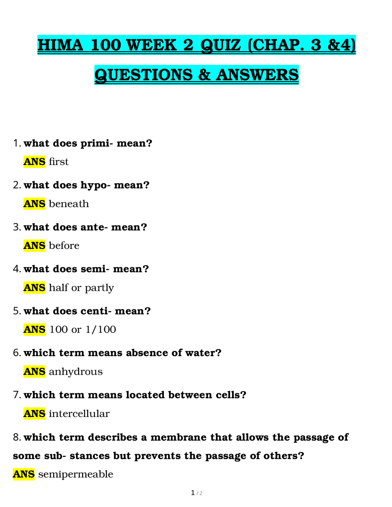 HIMA 100 WEEK 2 QUIZ (CHAP. 3 &4) QUESTIONS & ANSWERS 100% CORRECT ...