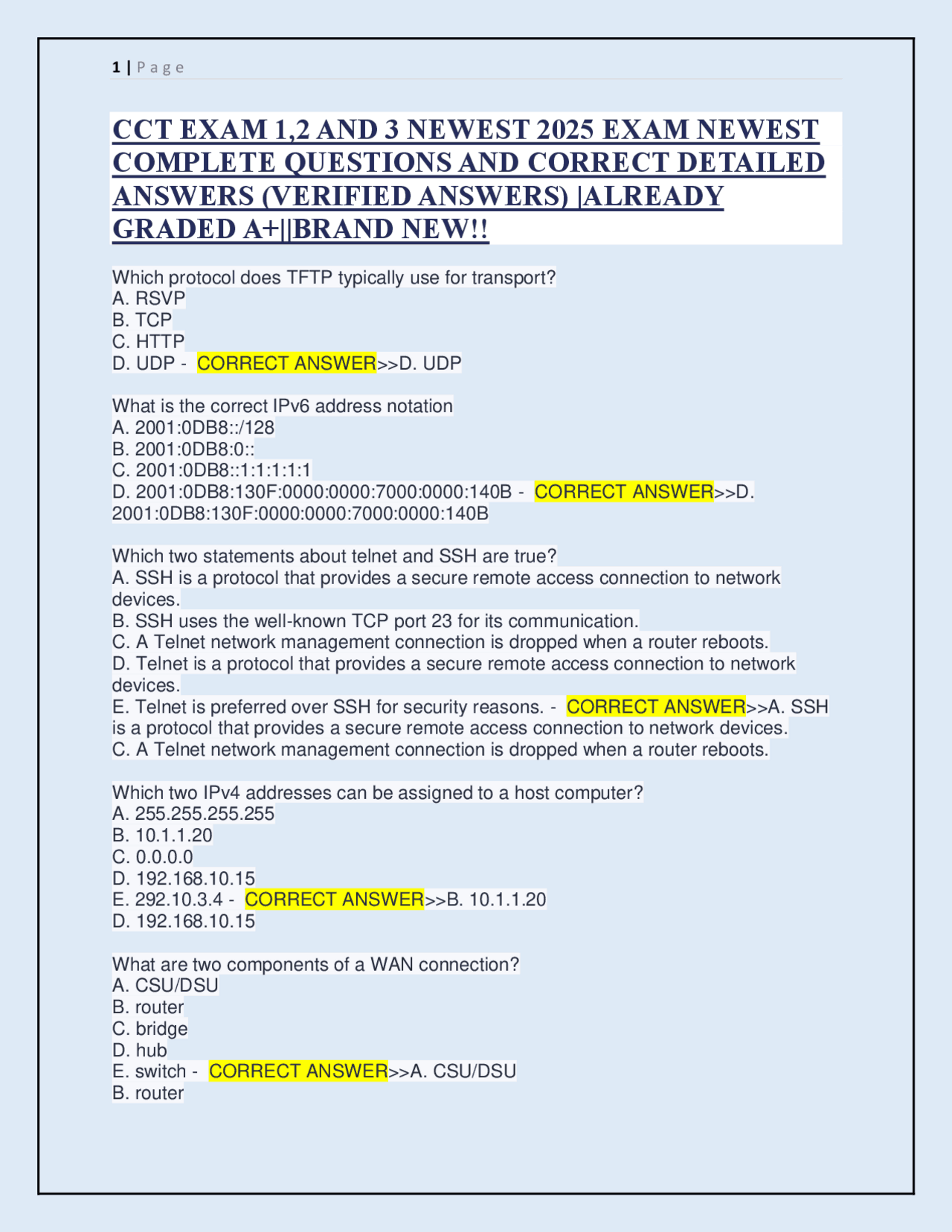 CCT EXAM 1,2 AND 3 NEWEST 2025 EXAM NEWEST COMPLETE QUESTIONS AND CORRECT DETAILED ANS | Exams ...