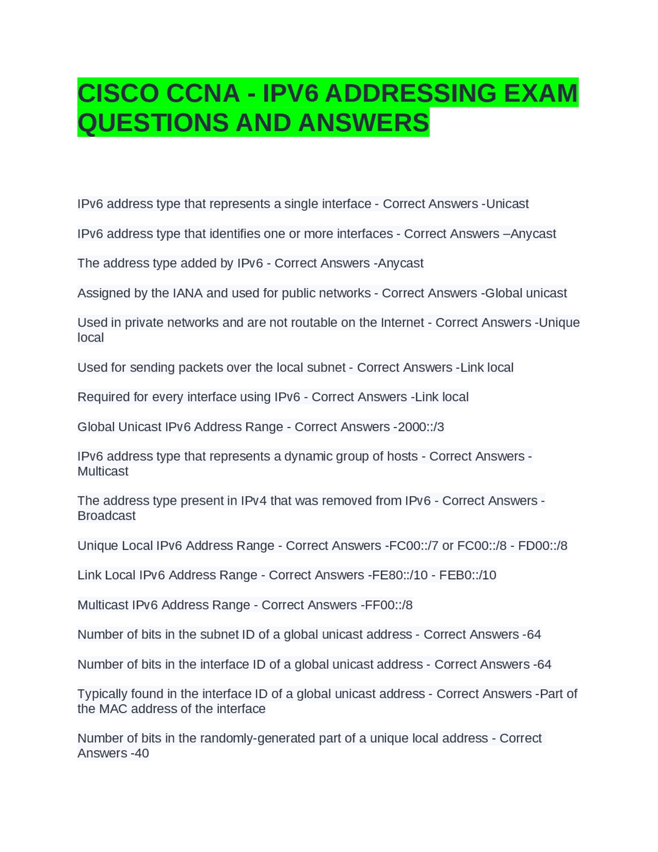 CISCO CCNA - IPV6 ADDRESSING EXAM QUESTIONS AND ANSWERS | Exams ...
