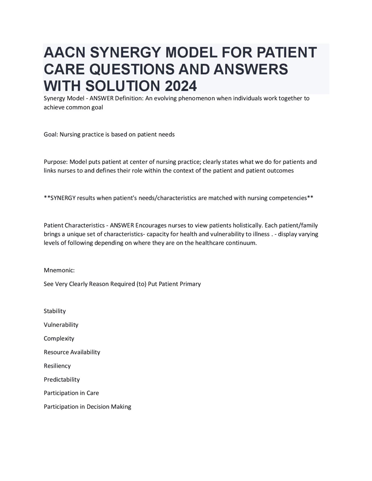 AACN SYNERGY MODEL FOR PATIENT CARE QUESTIONS AND ANSWERS WITH SOLUTION ...