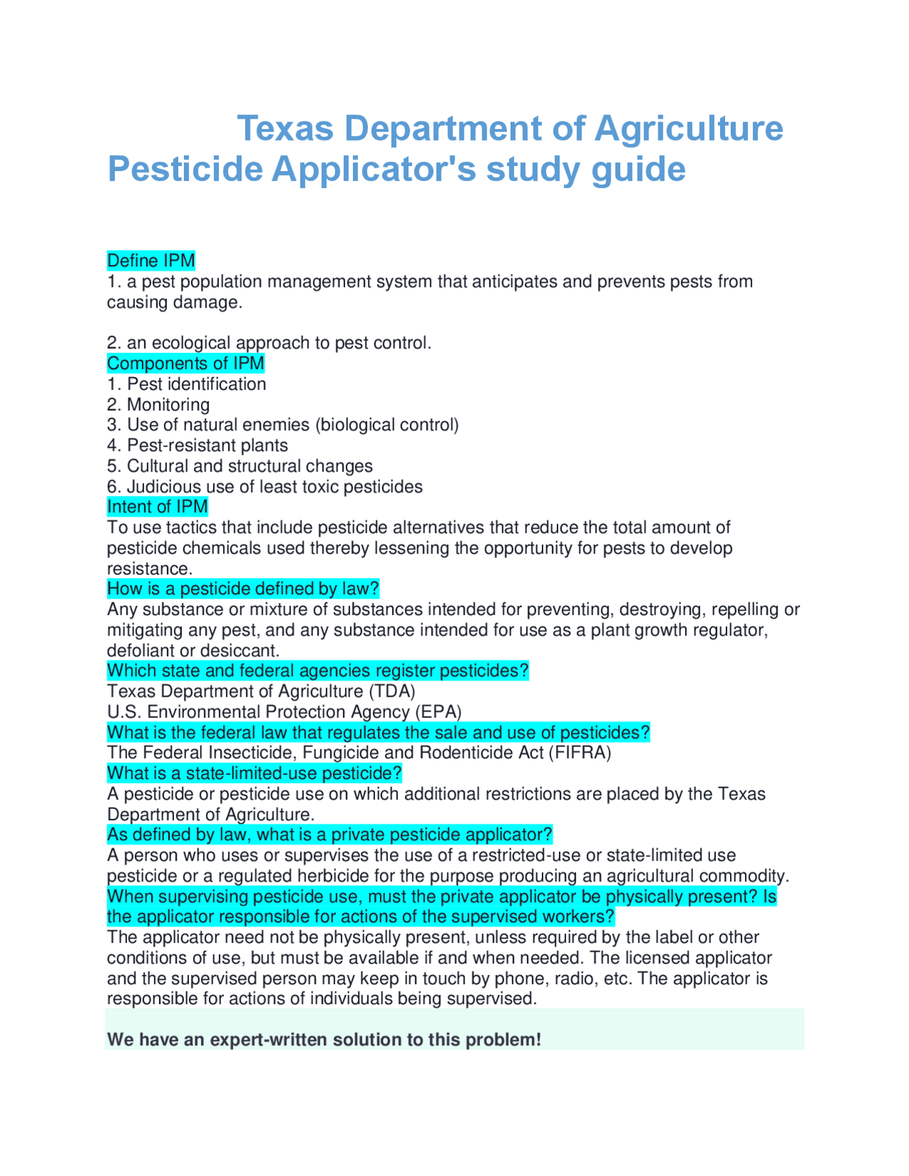 Texas Department of Agriculture Pesticide Applicator's study guide ...