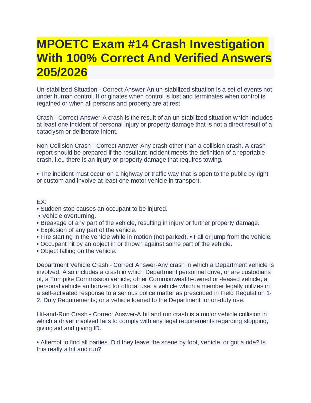 MPOETC Exam #14 Crash Investigation With 100% Correct And Verified ...