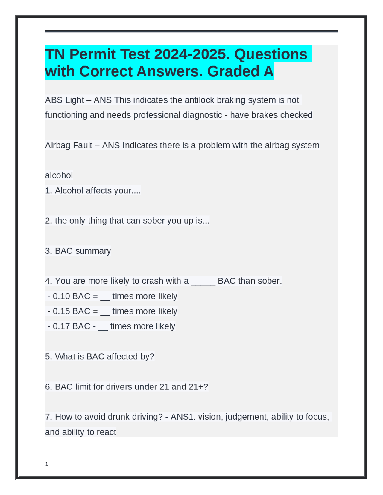 TN Permit Test 2024-2025. Questions with Correct Answers. Graded A ...