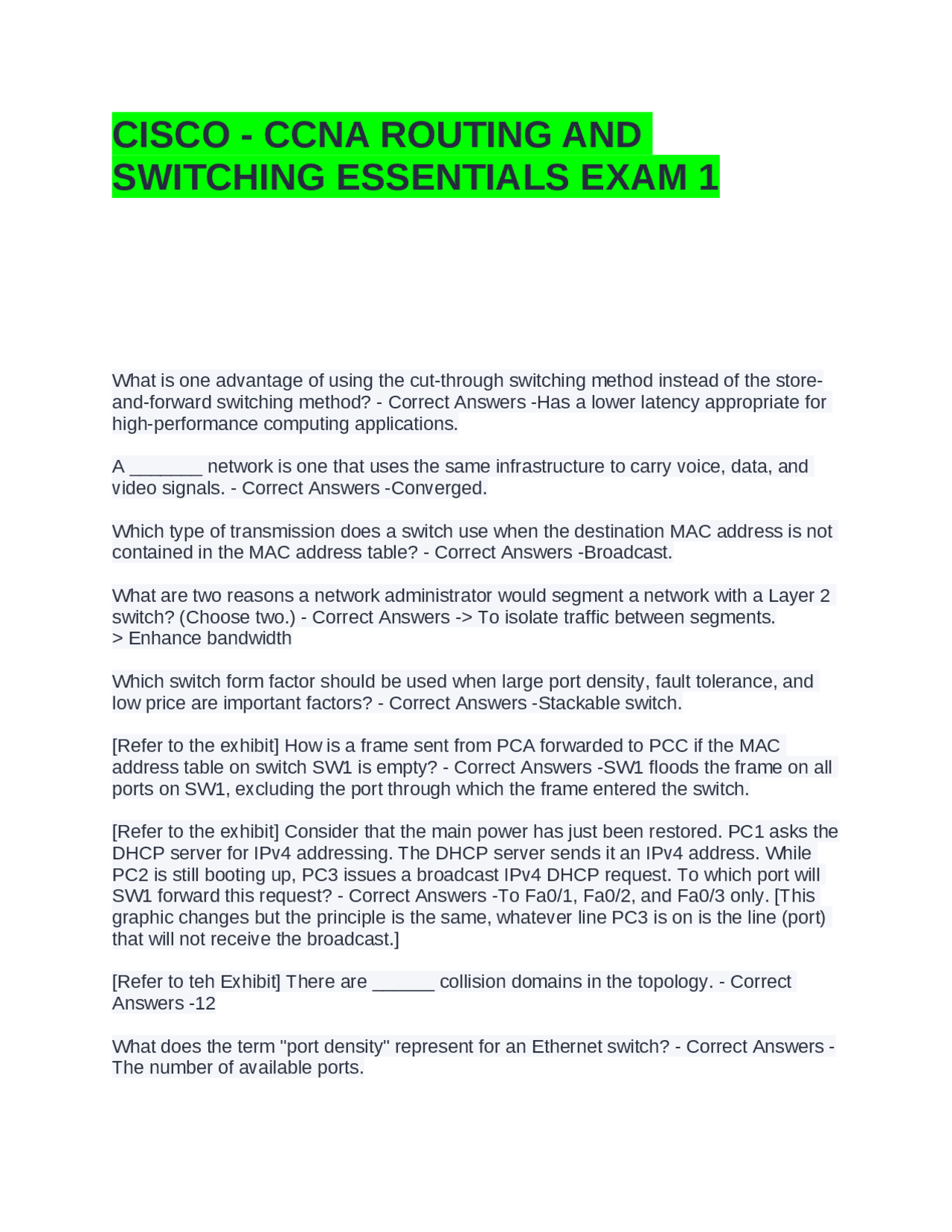CISCO - CCNA ROUTING AND SWITCHING ESSENTIALS EXAM 1 QUESTIONS AND ...