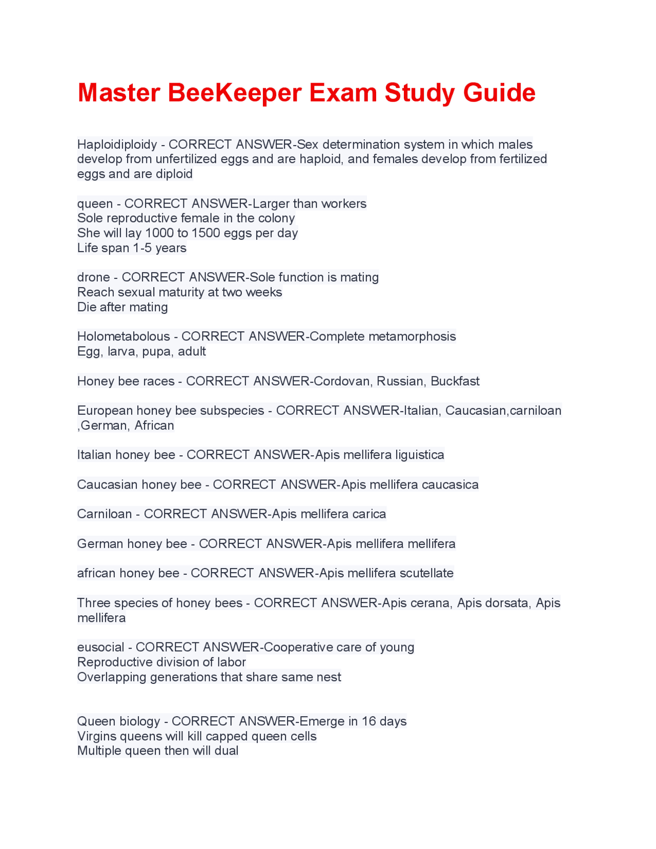 Master BeeKeeper Exam Study Guide Questions & Answers Already Graded A+ ...
