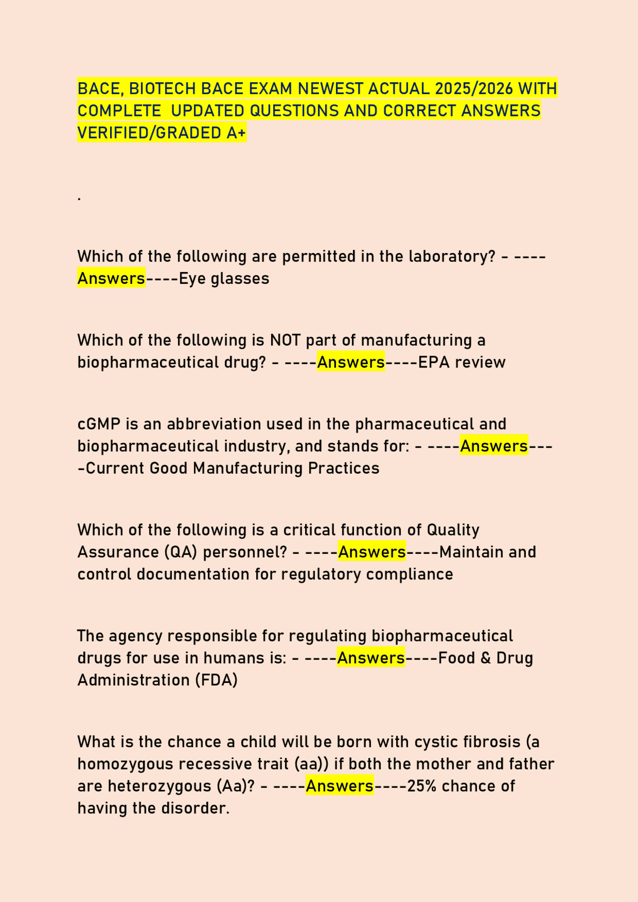 BACE, BIOTECH BACE EXAM NEWEST ACTUAL 2025/2026 WITH COMPLETE UPDATED ...