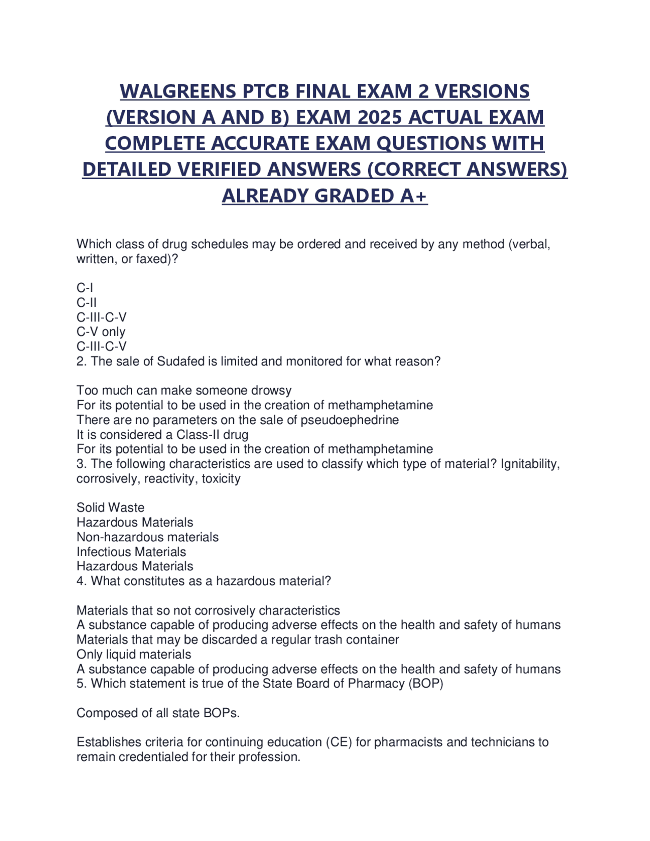 WALGREENS PTCB FINAL EXAM 2 VERSIONS (VERSION A AND B) EXAM 2025 ACTUAL ...