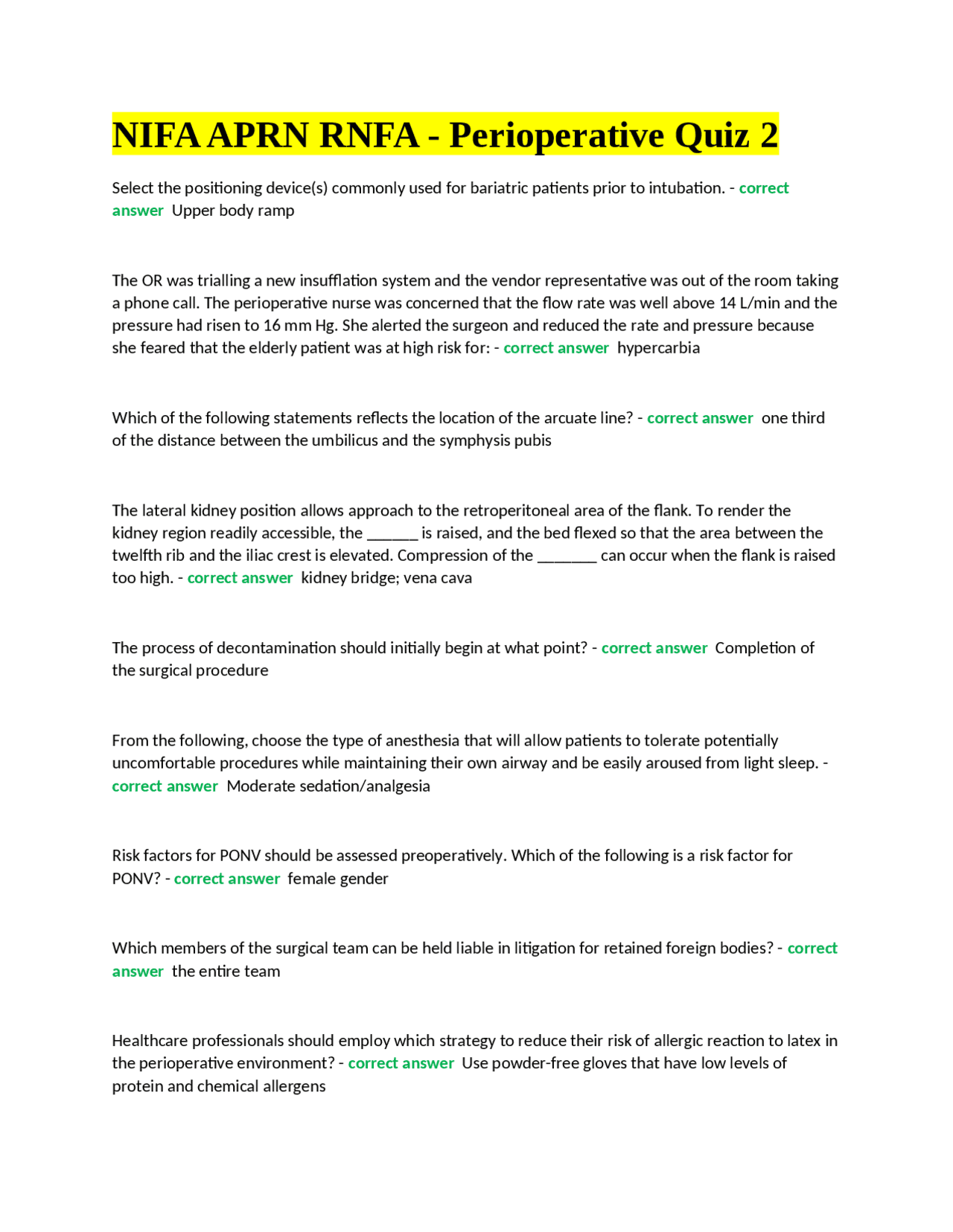 NIFA APRN RNFA - Perioperative Quiz 2 | Exams Health sciences | Docsity