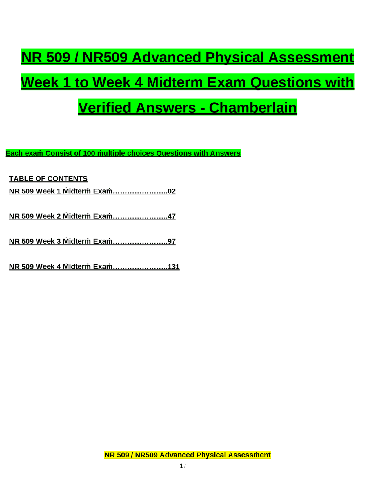 NR 509 / NR509 Advanced Physical Assessment Week 1 to Week 4 Midterm Exam | Exams Nursing | Docsity