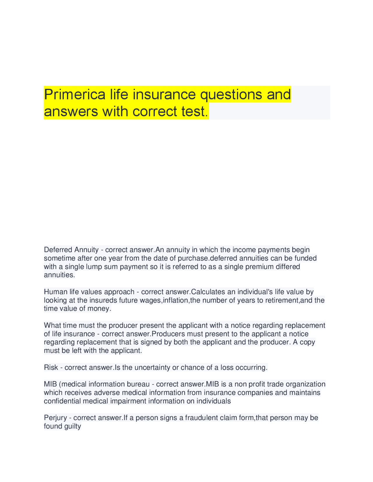 Primerica life insurance questions and answers with correct test ...